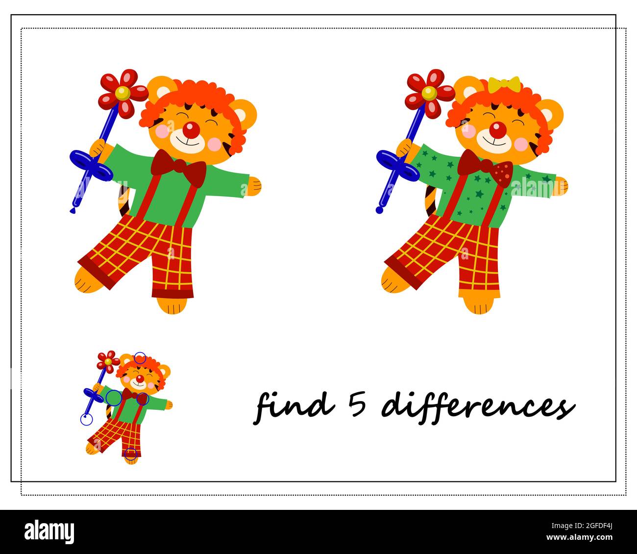 A logical game for children, find the differences. Tiger in the circus ...