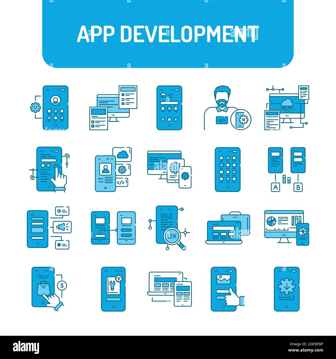 App development color line icons set. Creating and using a mobile ...
