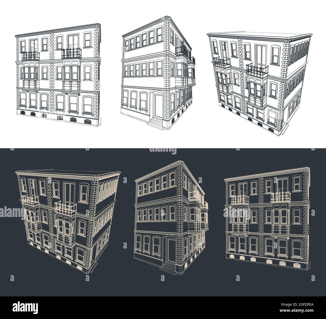 Stylized vector illustration of blueprints of classic building Stock ...