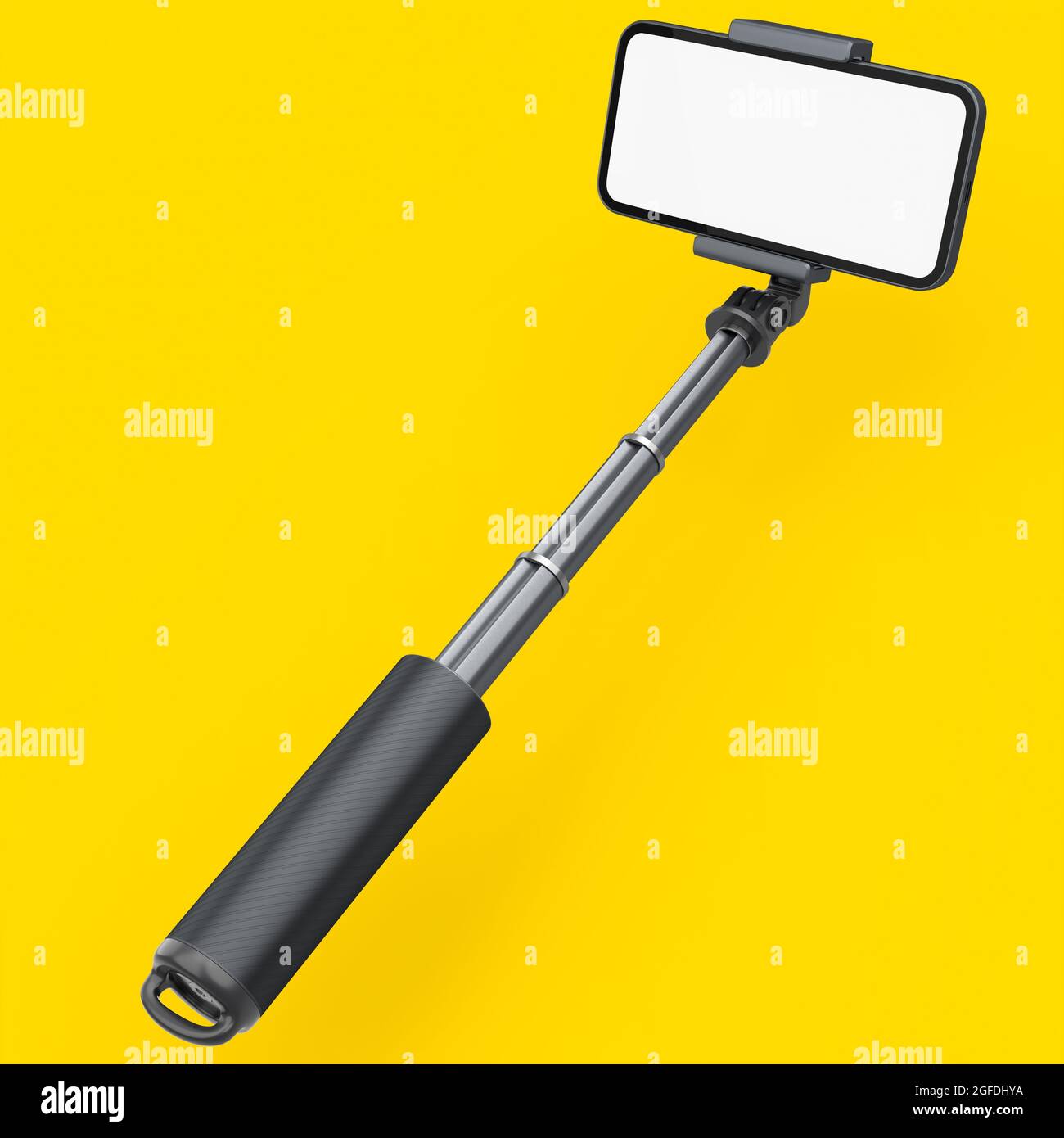 Realistic smartphone with blank white screen and selfie stick isolated ...