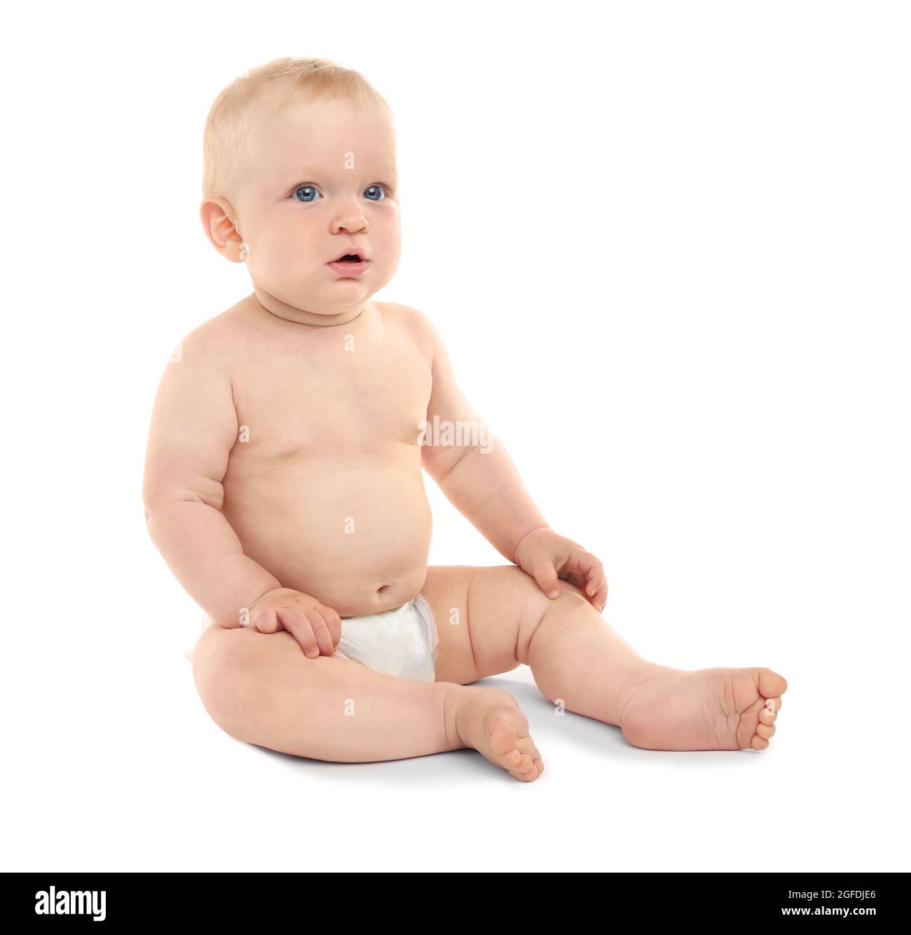 Cute baby sitting on white background Stock Photo - Alamy