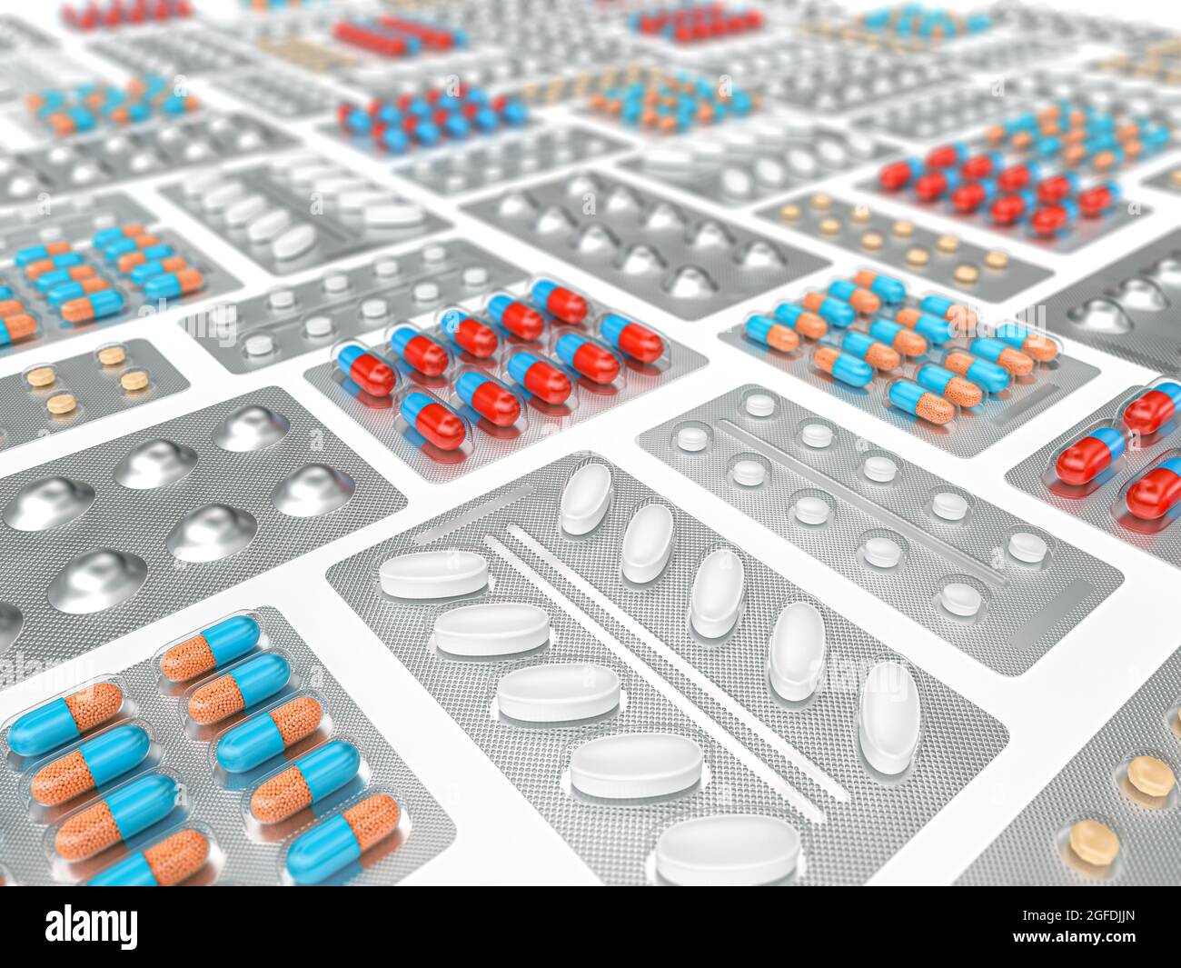 Closeup of different medical blister packs. Wide angle selective focus ...