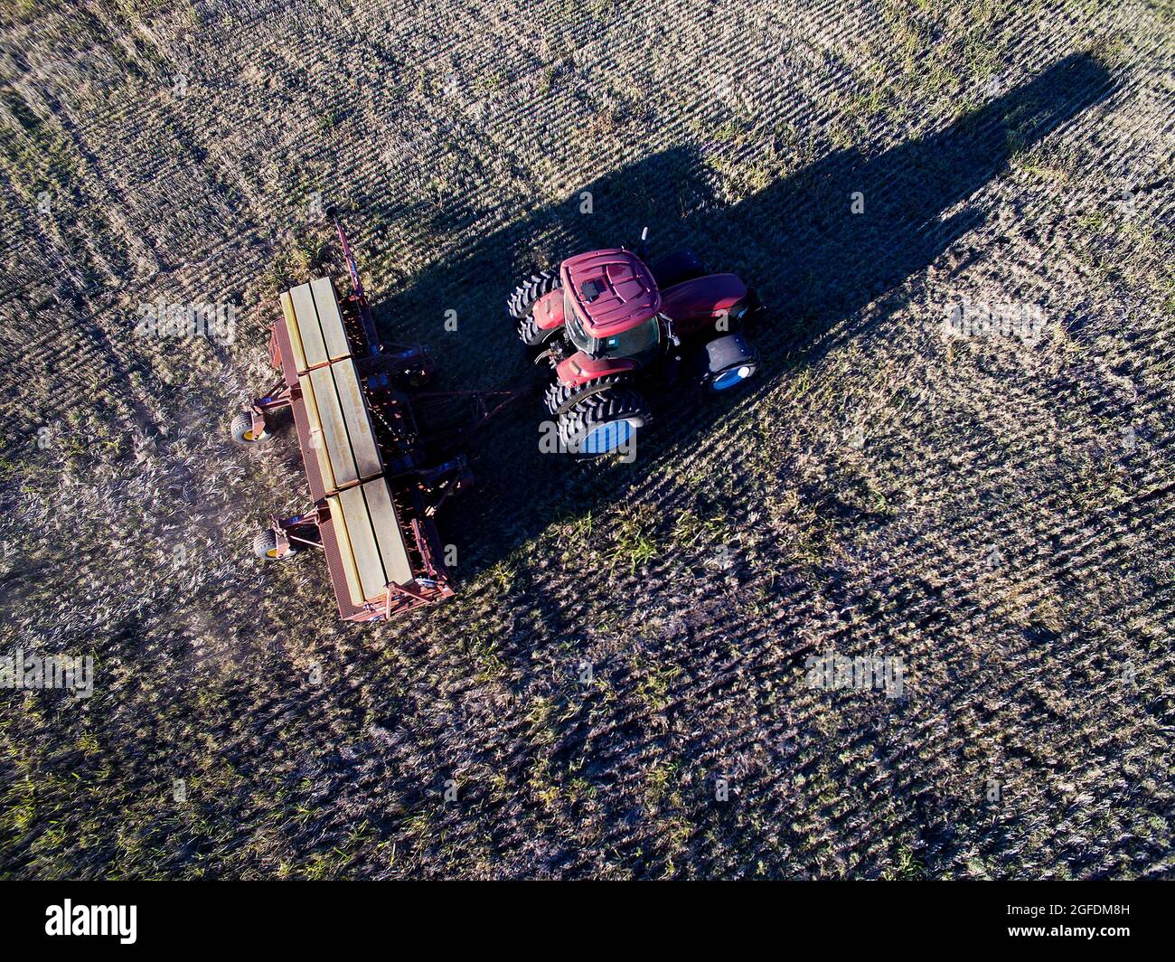 Aerial view of a tractor in direct sowing, in the Argentine field, La ...