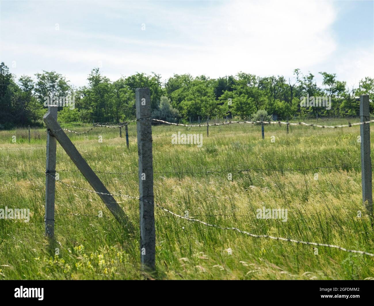 Landscape with stone pillars and barbed wire Stock Photo - Alamy