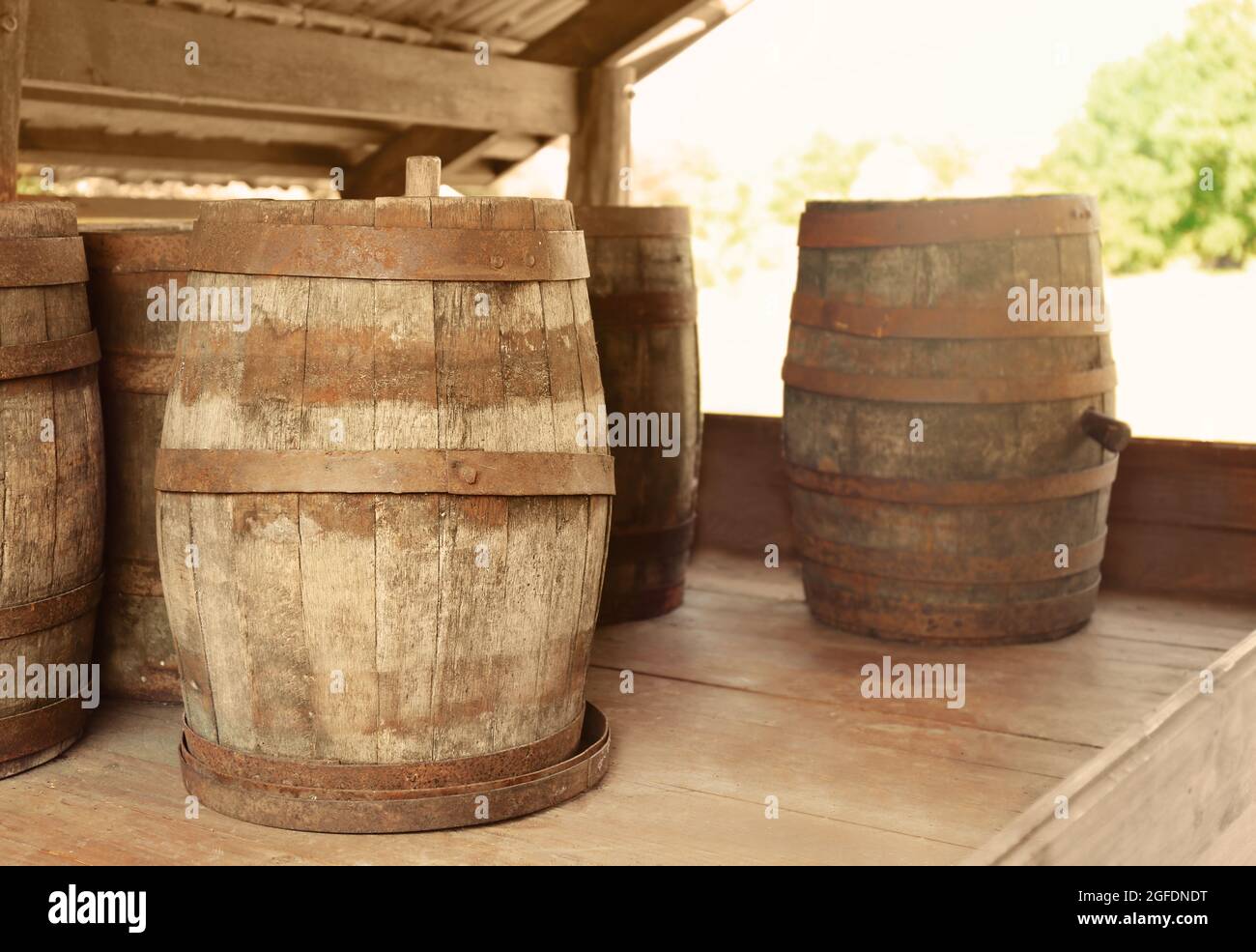 Old wooden barrels outdoor Stock Photo - Alamy