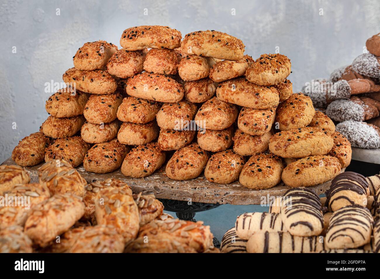 Turkish Cuisine; Crispy fresh biscuits. Cookies are offered for sale at ...