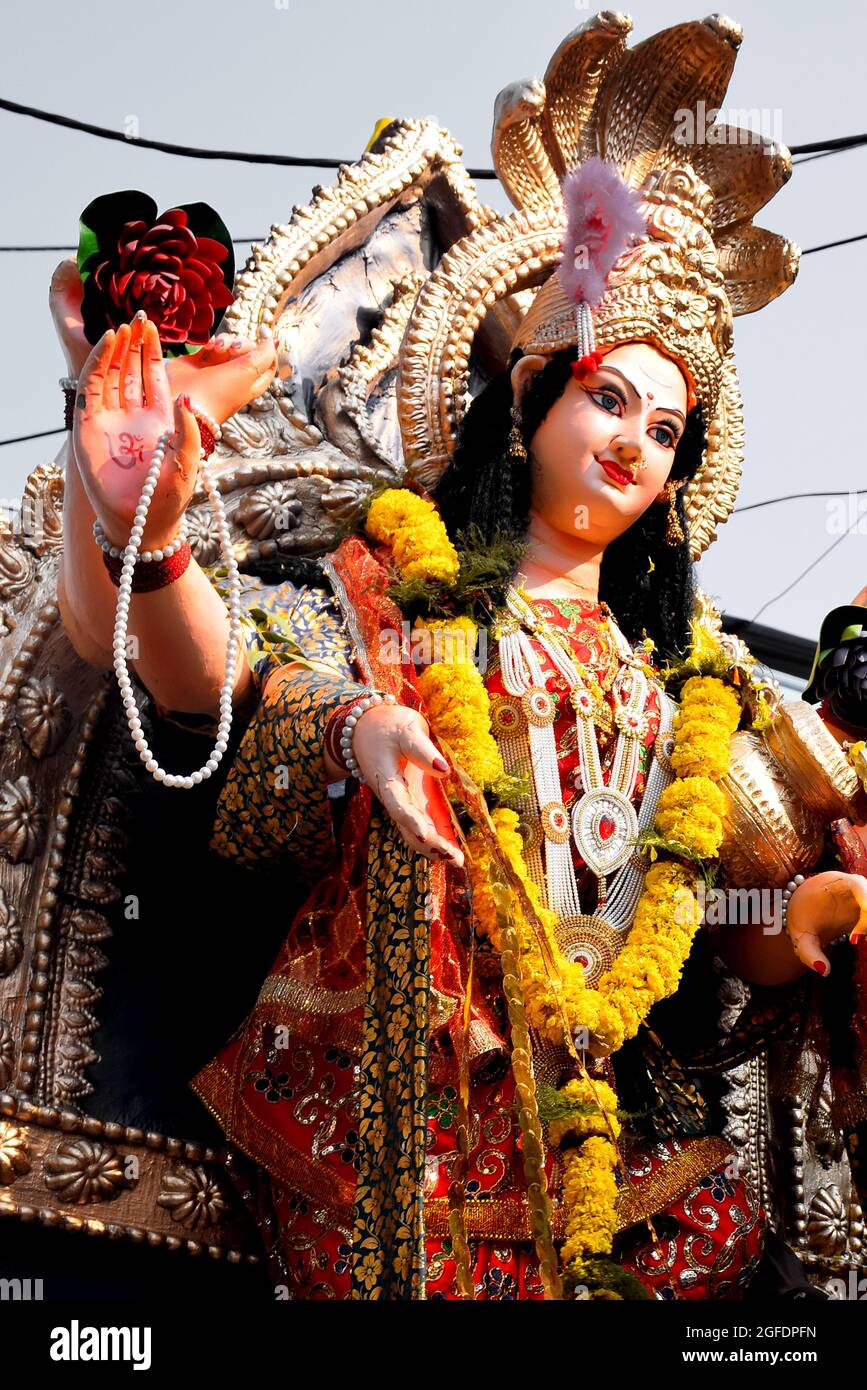 Sculpture of Hindu Goddess Durga, Goddess Durga idol with ornaments in ...