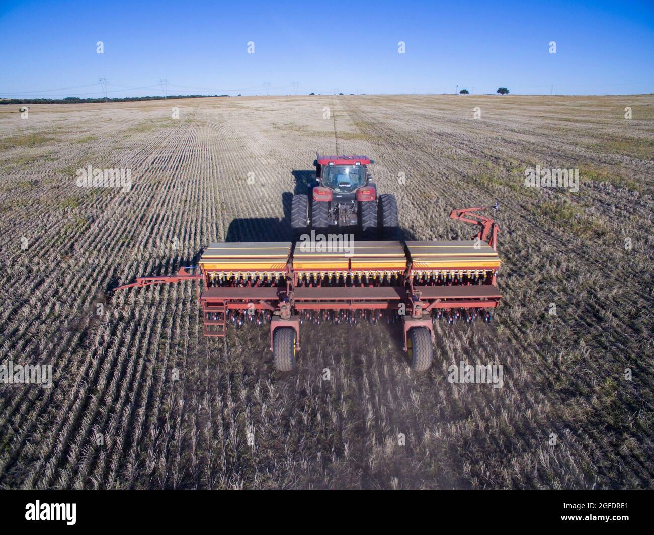 Aerial view of a tractor in direct sowing, in the Argentine field, La ...