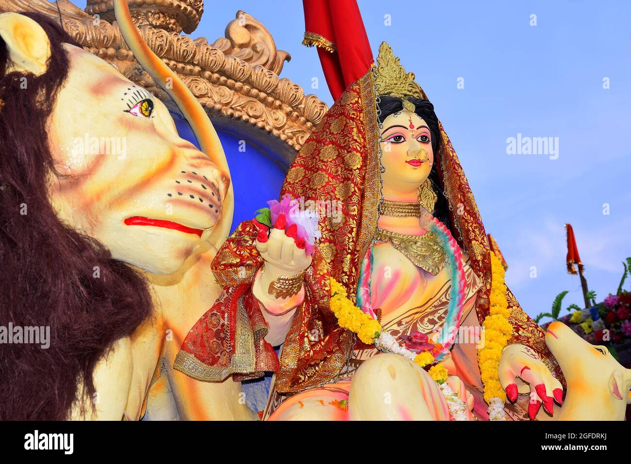 Sculpture of Hindu Goddess Durga, Goddess Durga idol with ornaments in ...