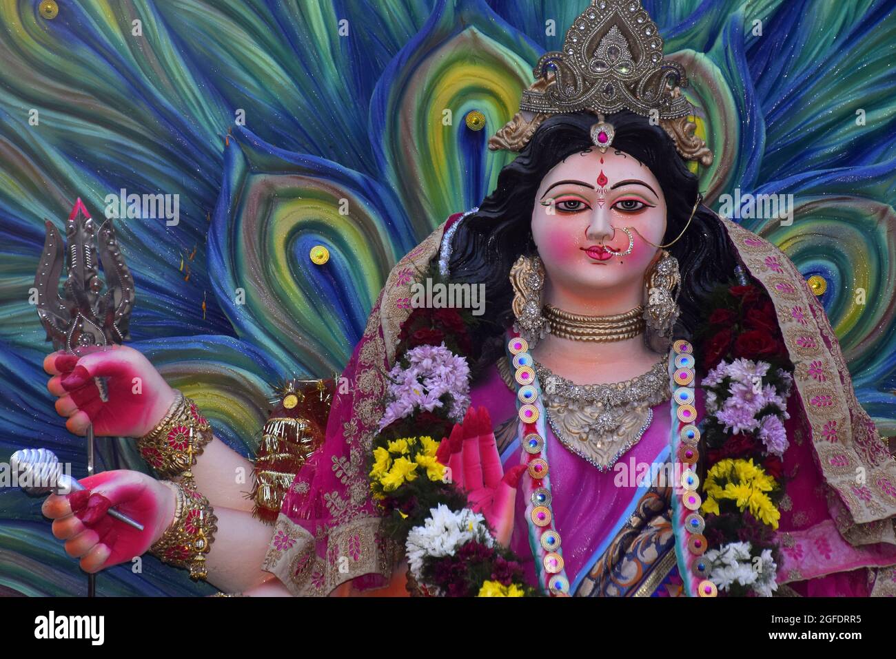 Sculpture of Hindu Goddess Durga, Goddess Durga idol with ornaments in ...