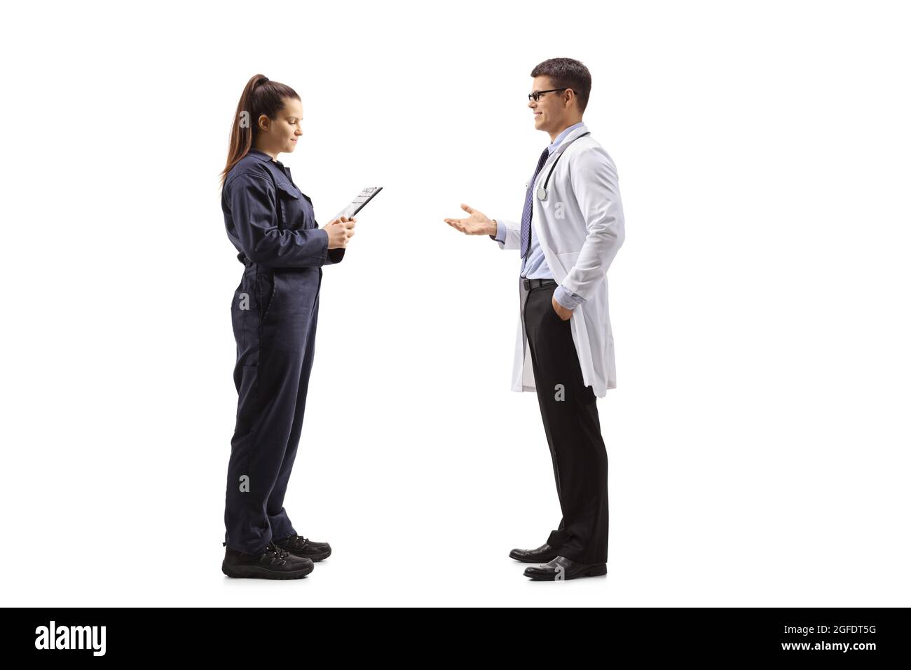 Full length profile shot of a male doctor talking to a female auto ...