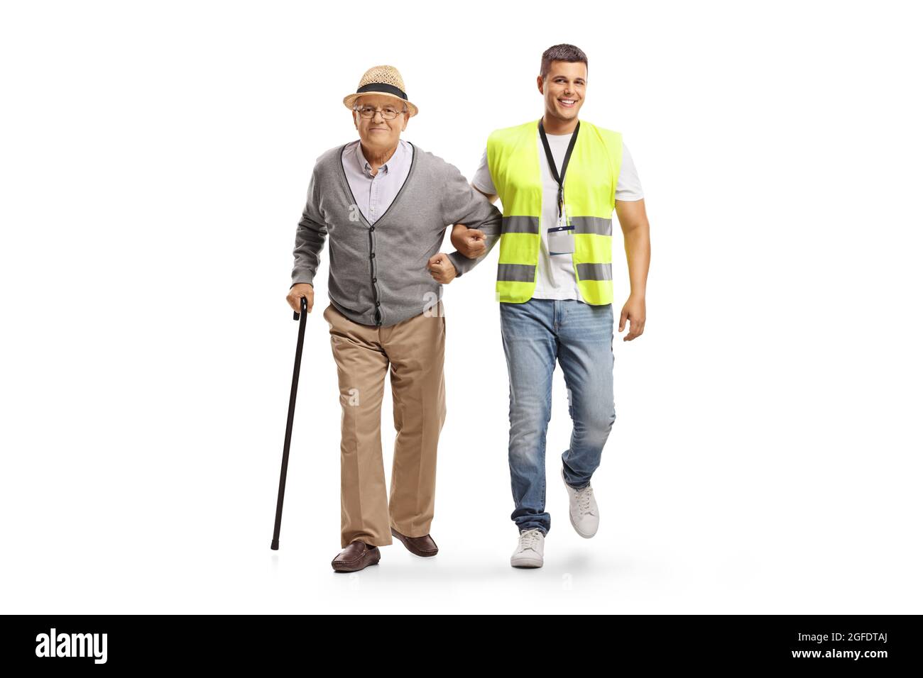 Full length portrait of a community worker helping an elderly man with ...
