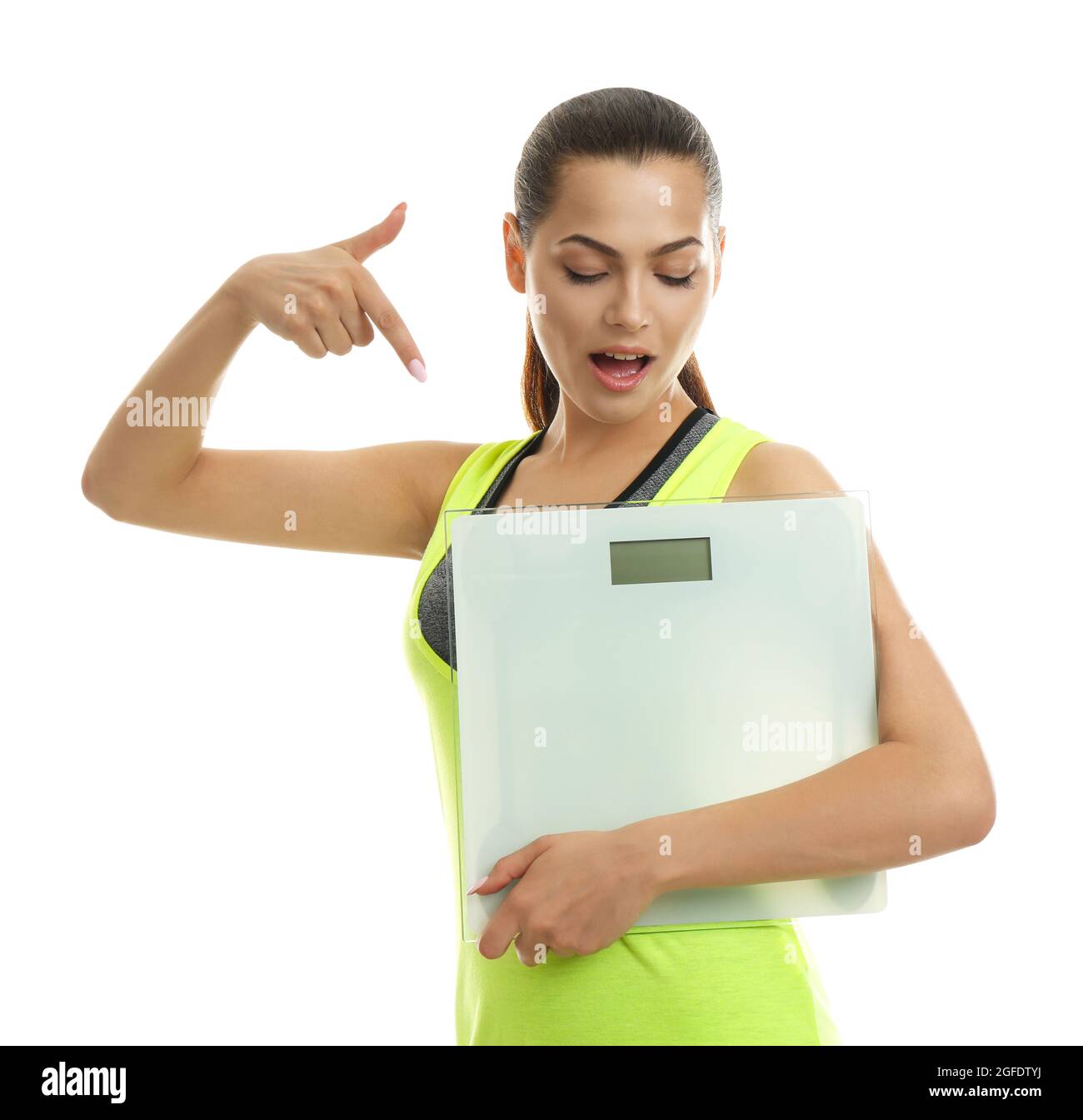 Beautiful girl with scales on white background Stock Photo - Alamy