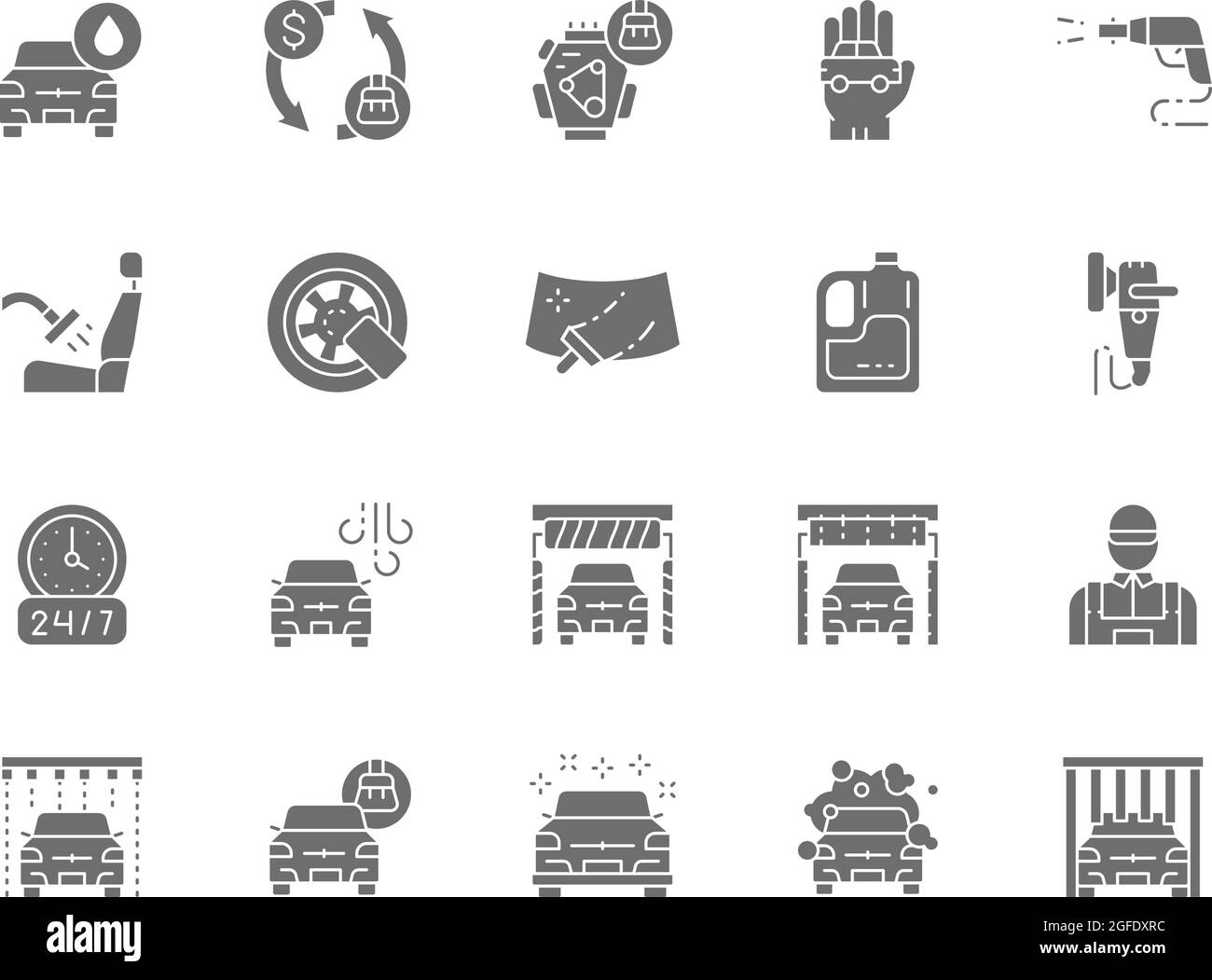 Set of Car Wash Grey Icons. Polishing Machine, Wheel Lock, Windshield ...