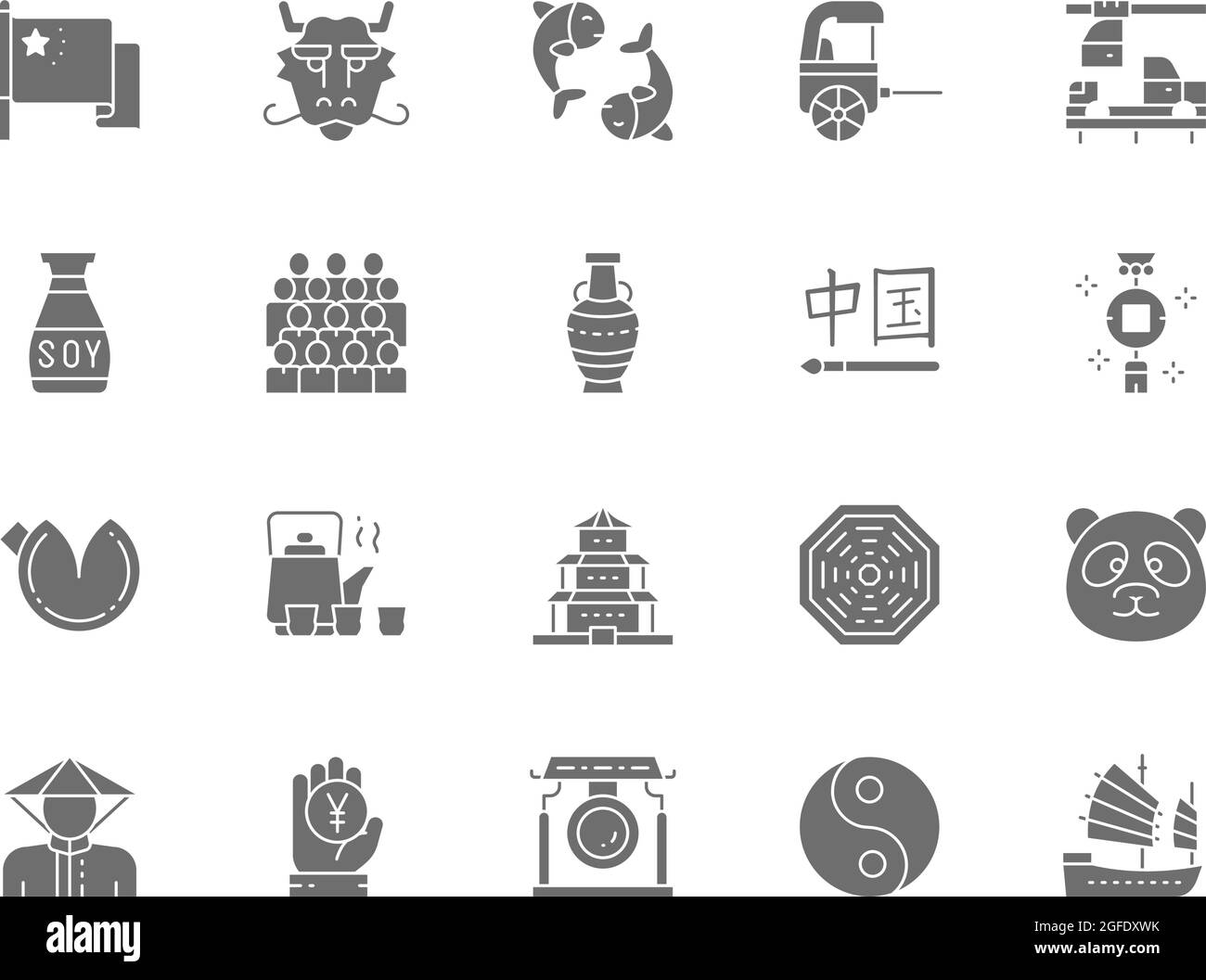 Set of Chinese Culture Grey Icons. Traditional Mask, Rickshaw, Panda ...