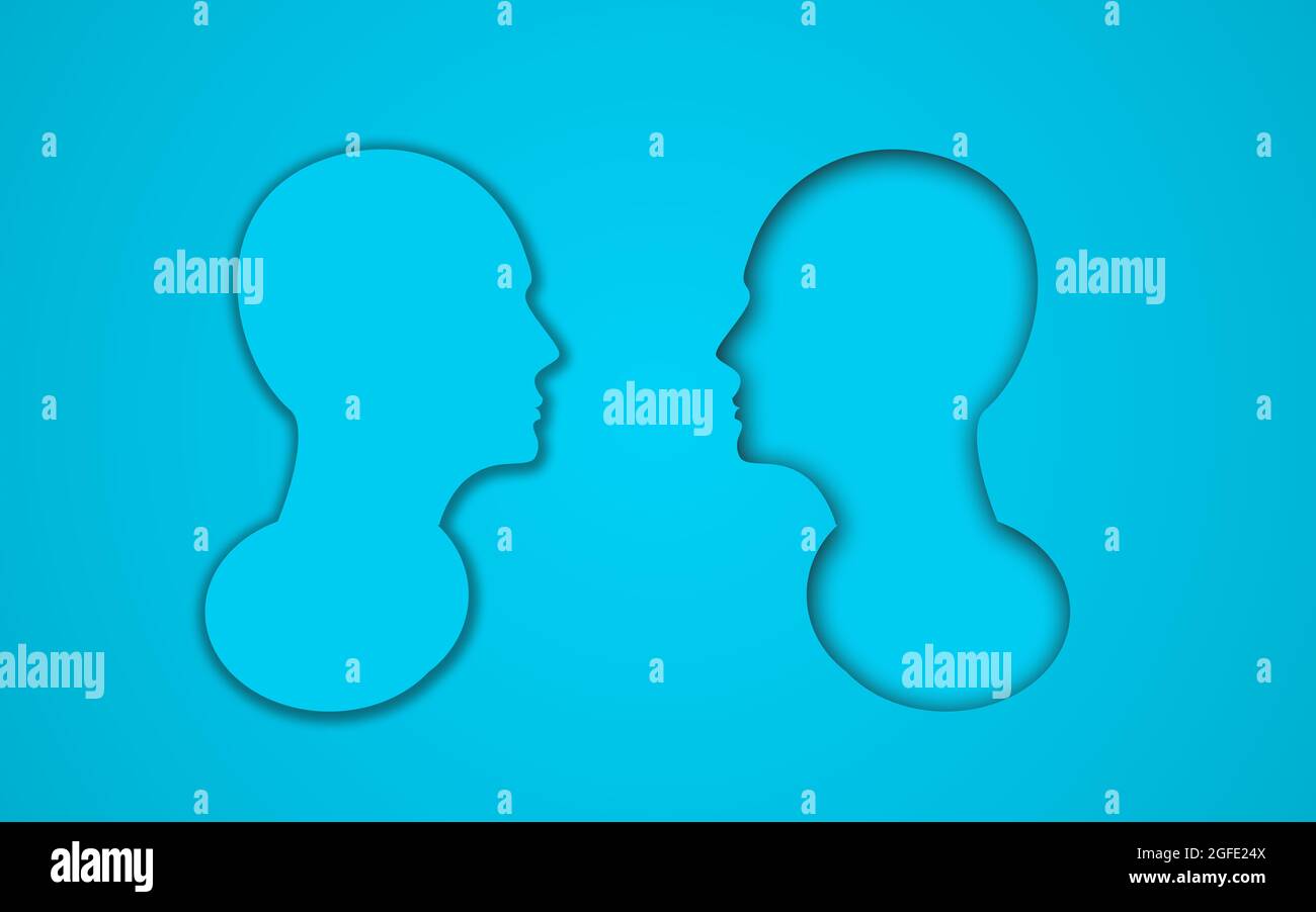 two paper cut head face to face in blue background, Different human ...