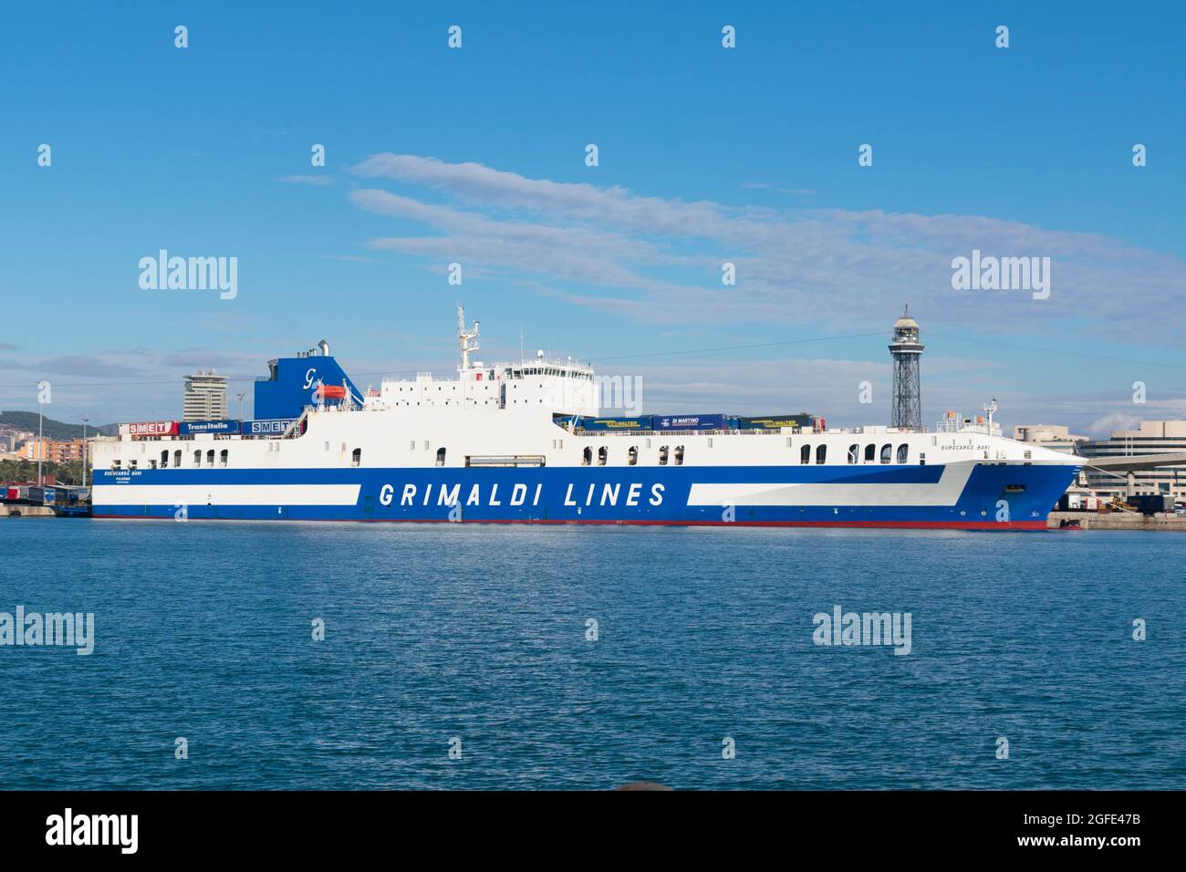 Grimaldi's Eurocargo Bari ship docked in the port of Barcelona on ...
