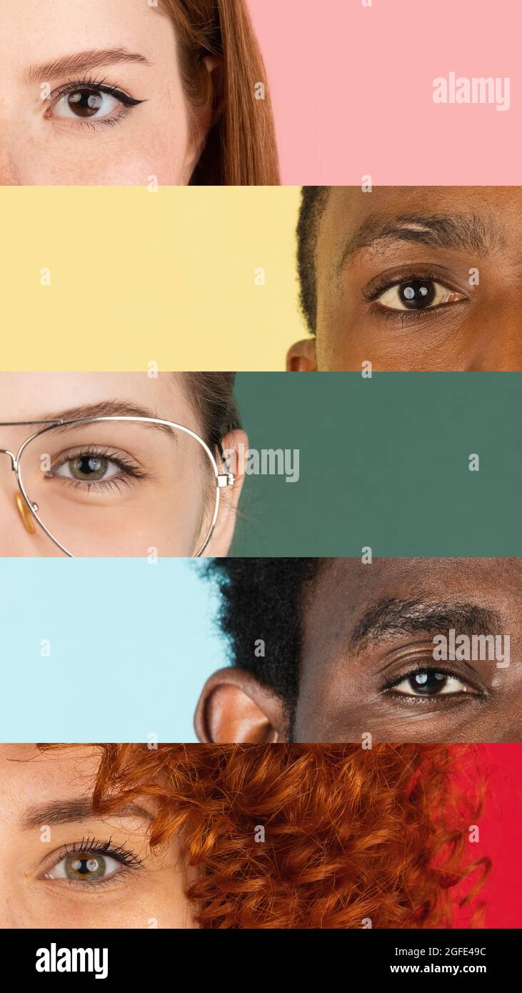 Vertical composite image of close-up male and female eyes isolated on ...