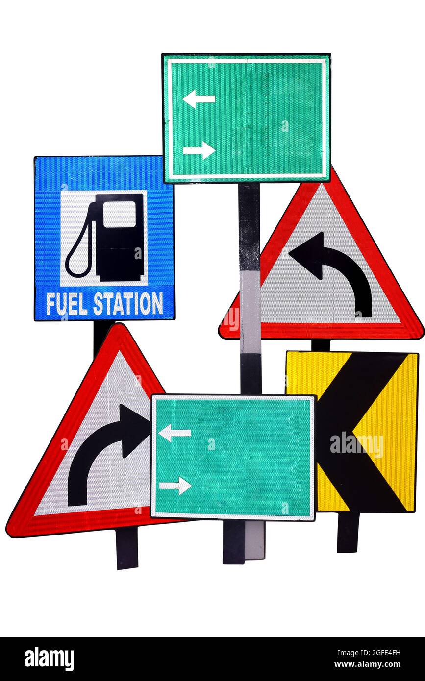 Group of road signs isolated on white background. Different types of ...