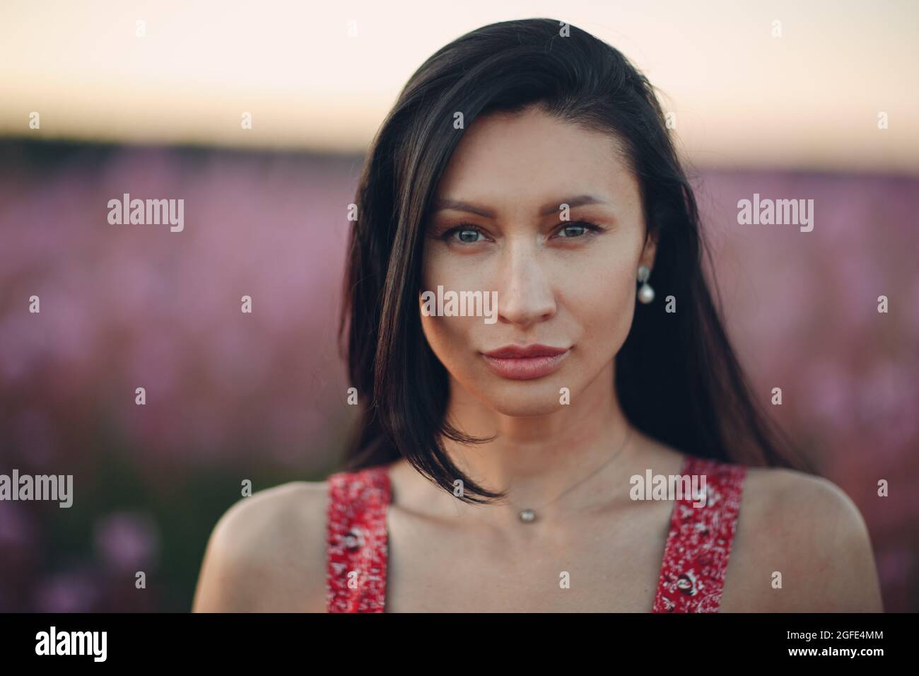 Young brunette woman on blooming Sally flower field. Lilac flowers and ...
