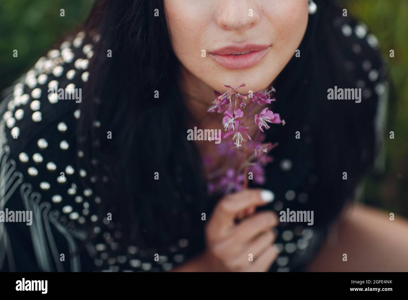 Young brunette woman on blooming Sally flower field. Lilac flowers and ...