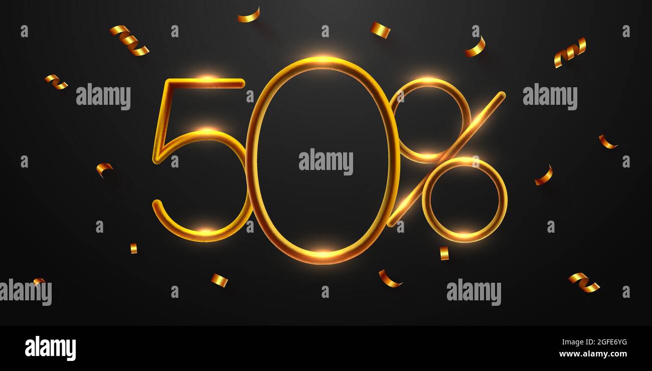 50 percent Off. Discount creative composition of golden balloons. 3d ...