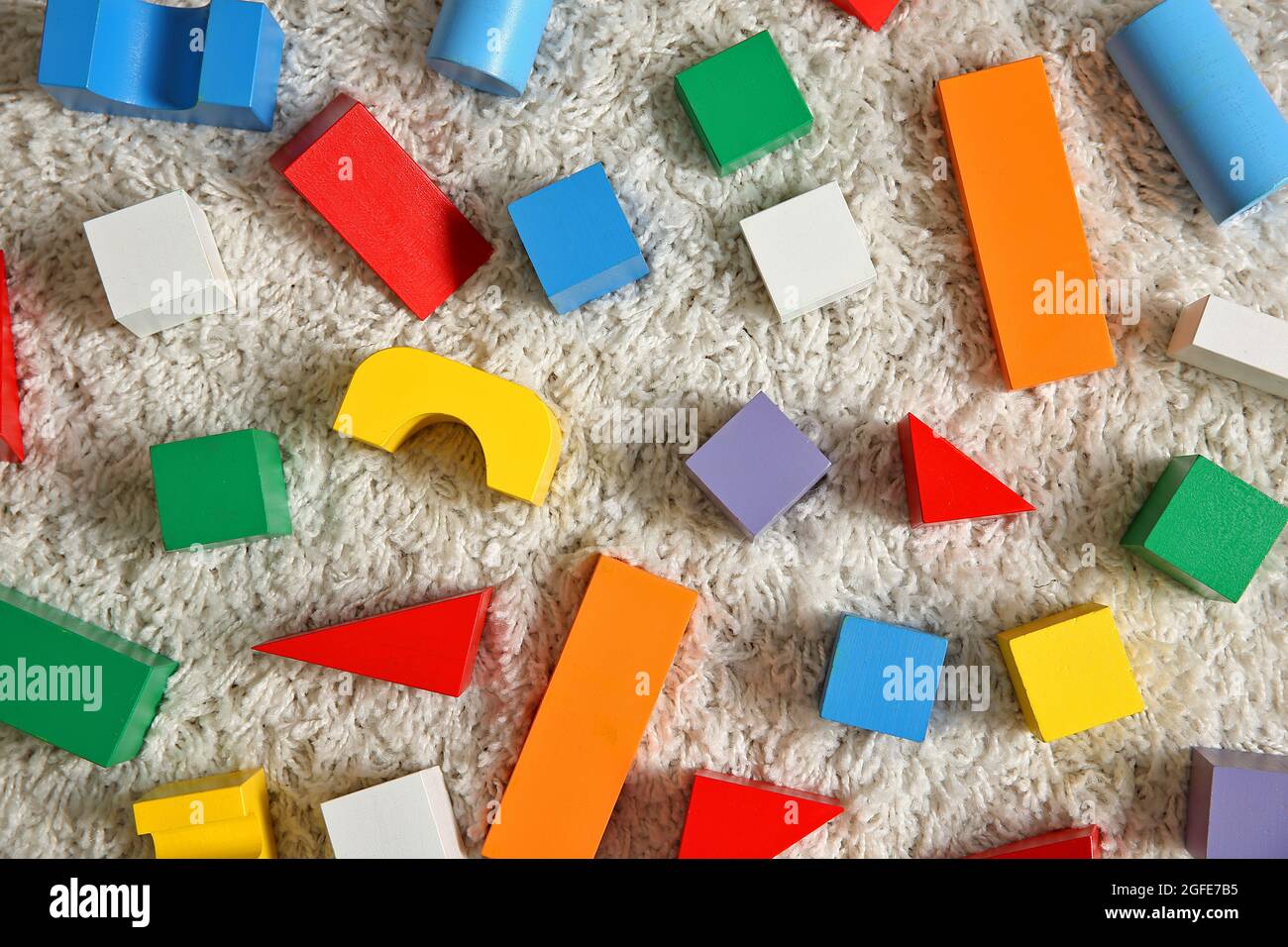 Set of wooden colorful building blocks, top view Stock Photo - Alamy
