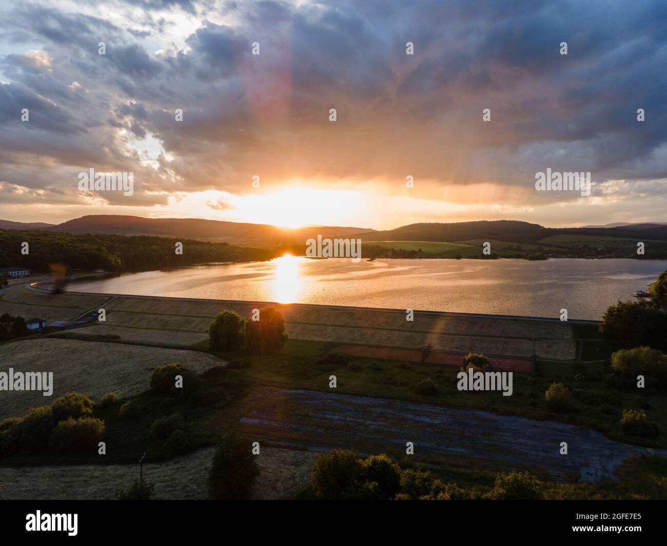 Aerial view of Teply vrch reservoir in Slovakia - Sunset Stock Photo ...