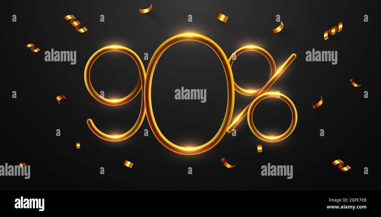 90 percent Off. Discount creative composition of golden balloons. 3d ...