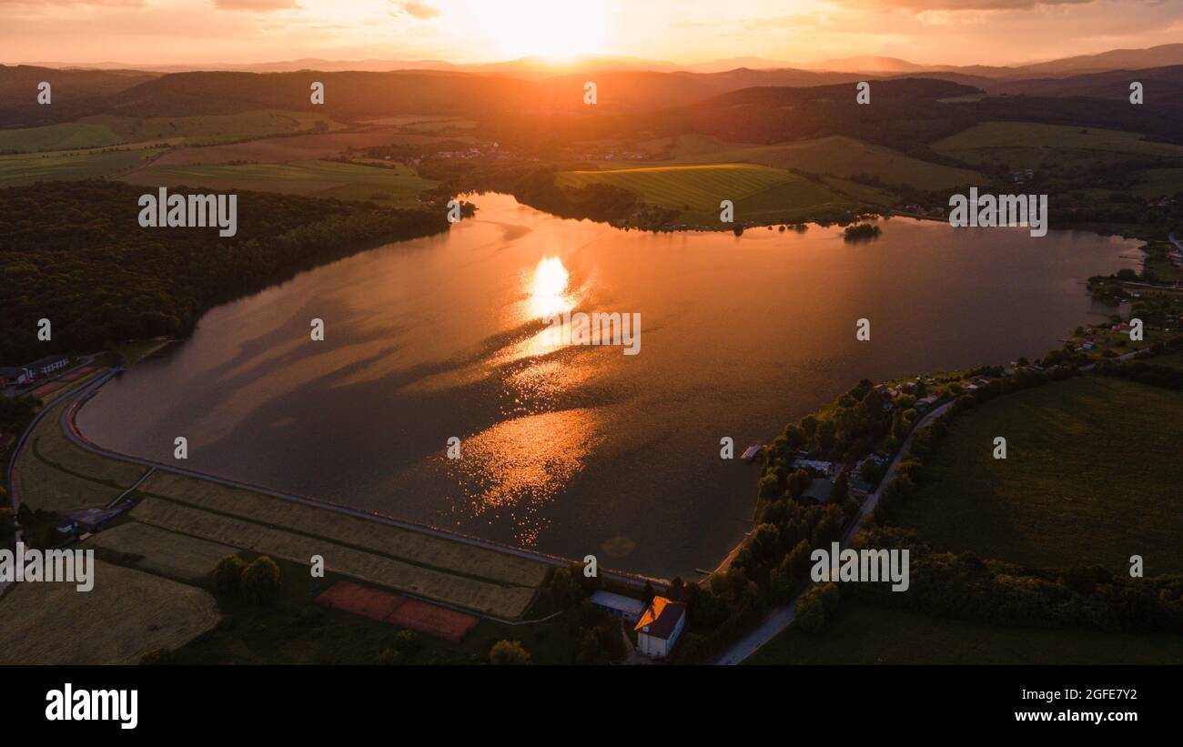 Aerial view of Teply vrch reservoir in Slovakia - Sunset Stock Photo ...