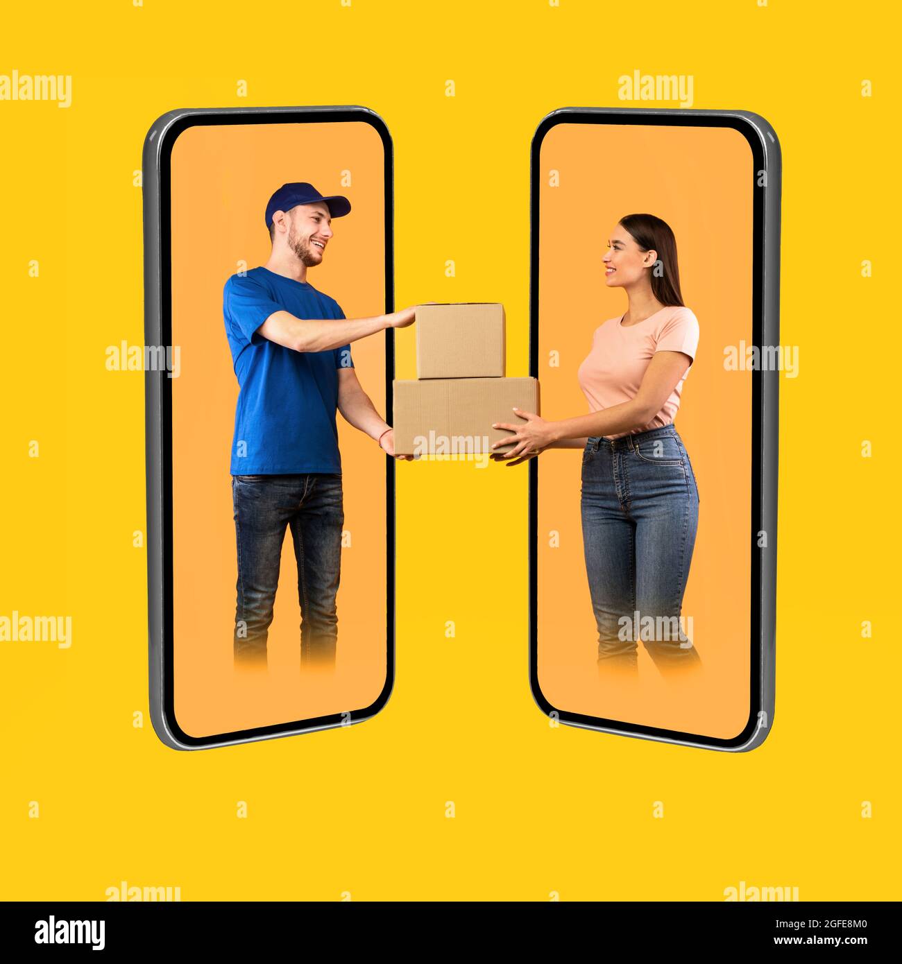 Courier And Female On Smartphone Screens Holding Boxes, Yellow ...