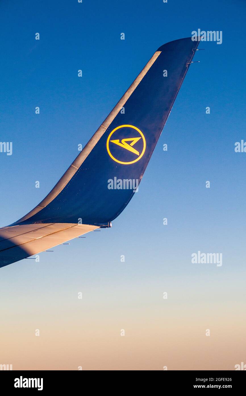 ATLANTIC OCEAN - SEPTEMBER 25, 2015: View of a wing of Condor airlines ...