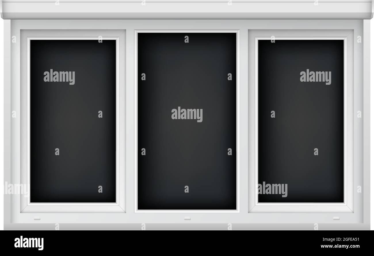 Realistic triple plastic window with open blind. White roller shutter ...