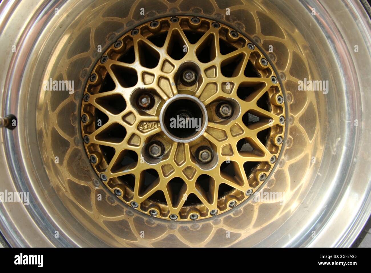 The detail of a wheel of an old rallye car with part of the rim with ...
