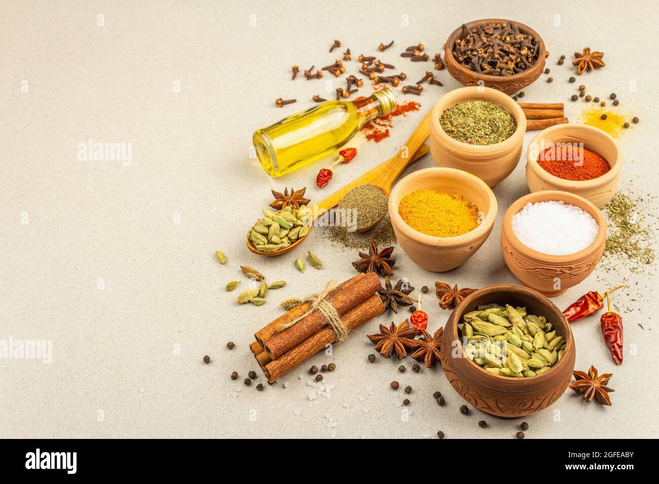 A set of spices for cooking curry. Aromatic condiments: turmeric ...