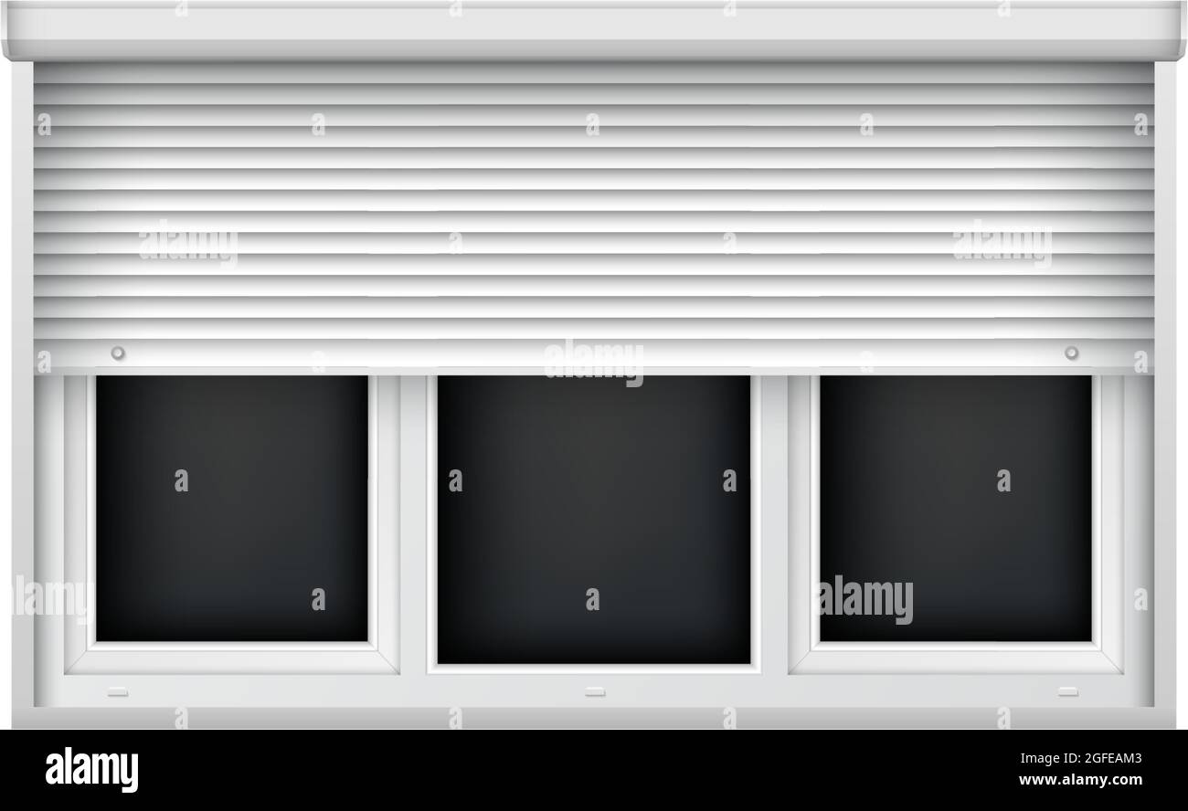 White triple plastic window with half open blind. Realistic roller ...