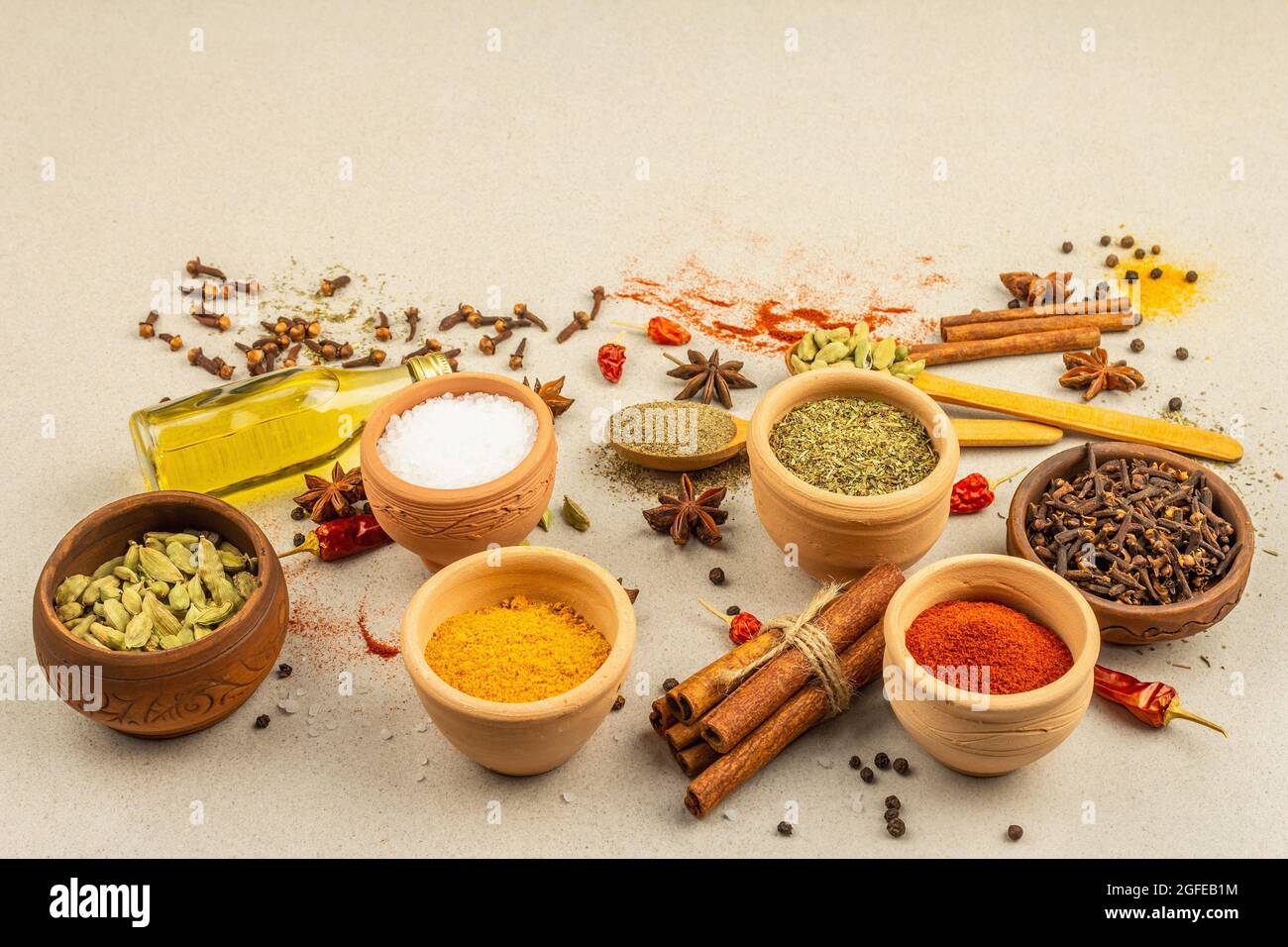 A set of spices for cooking curry. Aromatic condiments: turmeric ...