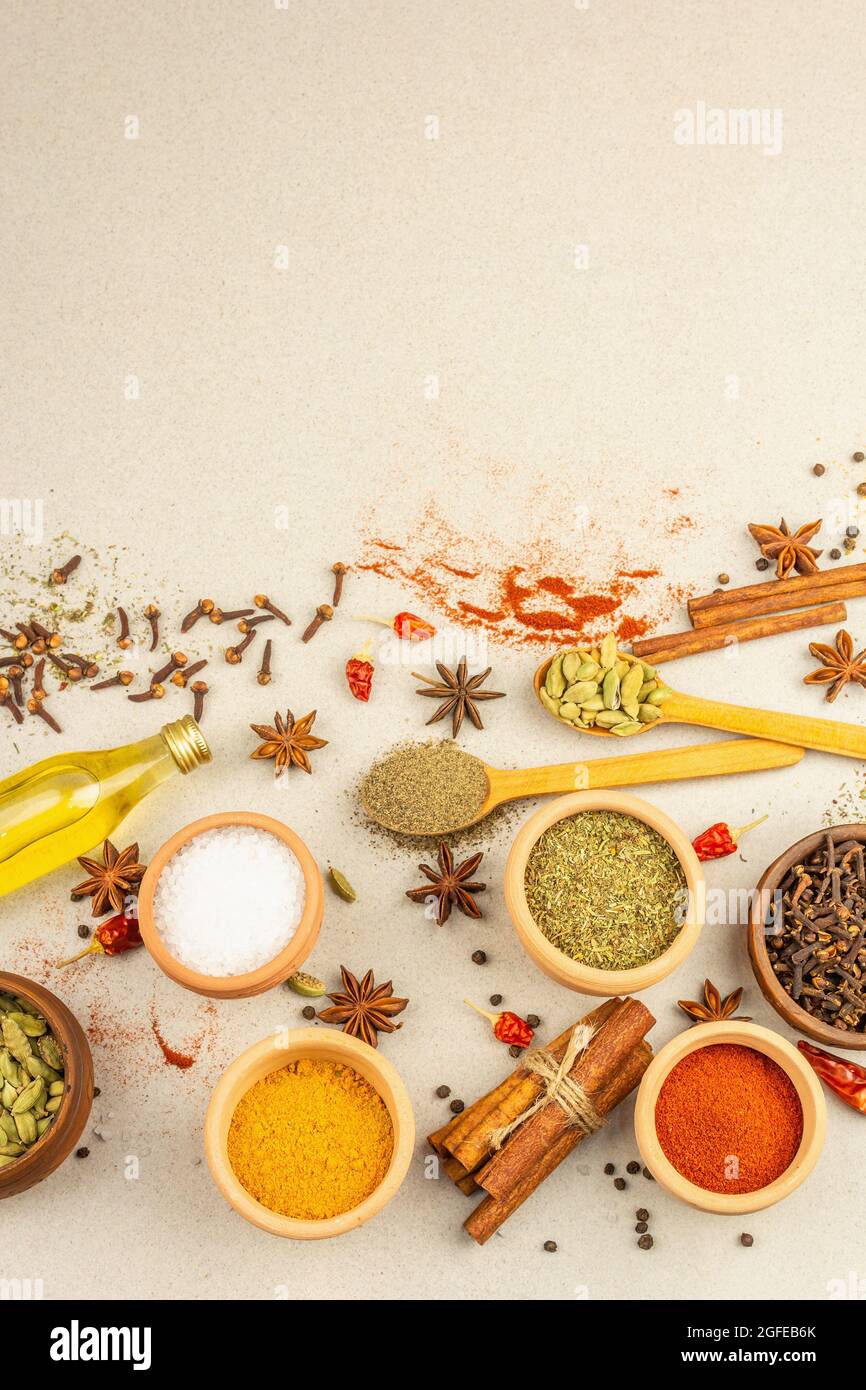A set of spices for cooking curry. Aromatic condiments: turmeric ...
