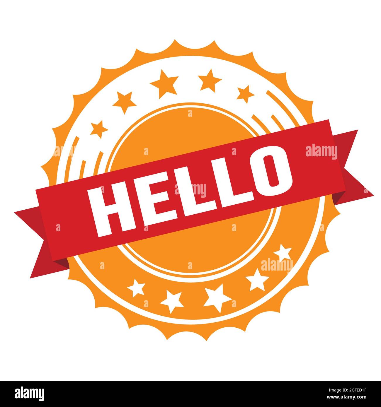 HELLO text on red orange ribbon badge stamp Stock Photo - Alamy