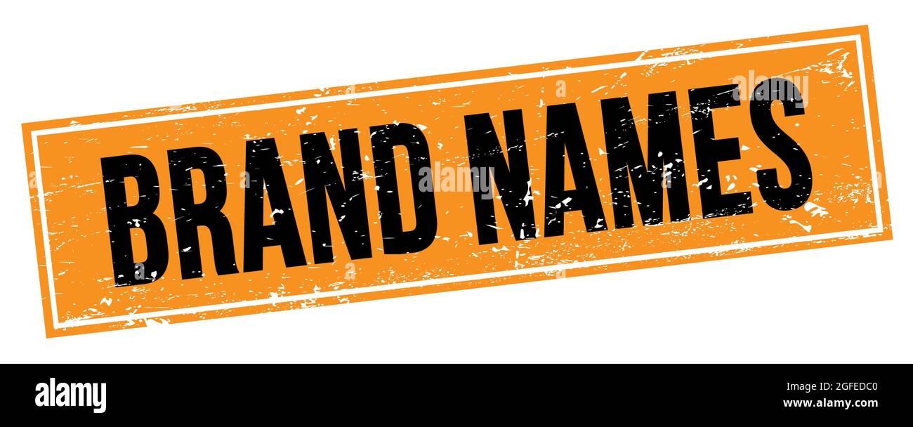 BRAND NAMES text on black orange grungy rectangle stamp sign Stock ...