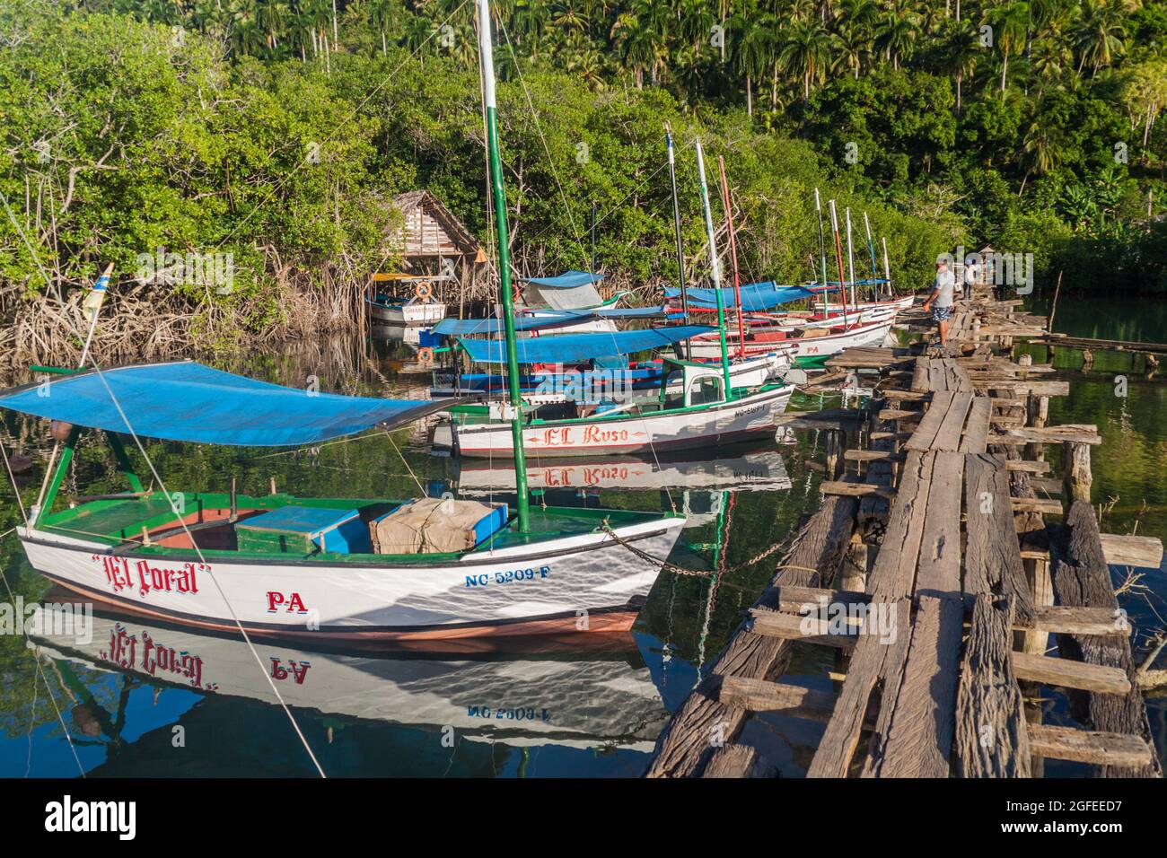 BOCA DE MIEL, CUBA - FEB 4, 2016: Fishing boats anchored at Rio Miel ...