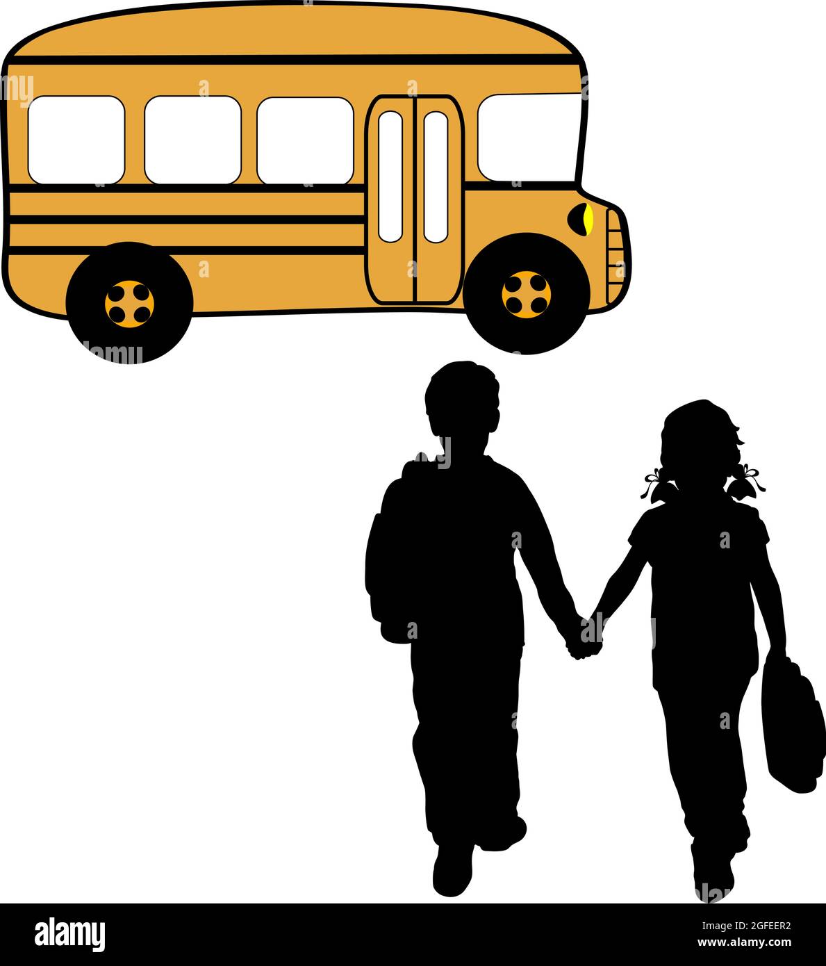 Silhouettes boy and girl go to the school bus. Back to school ...