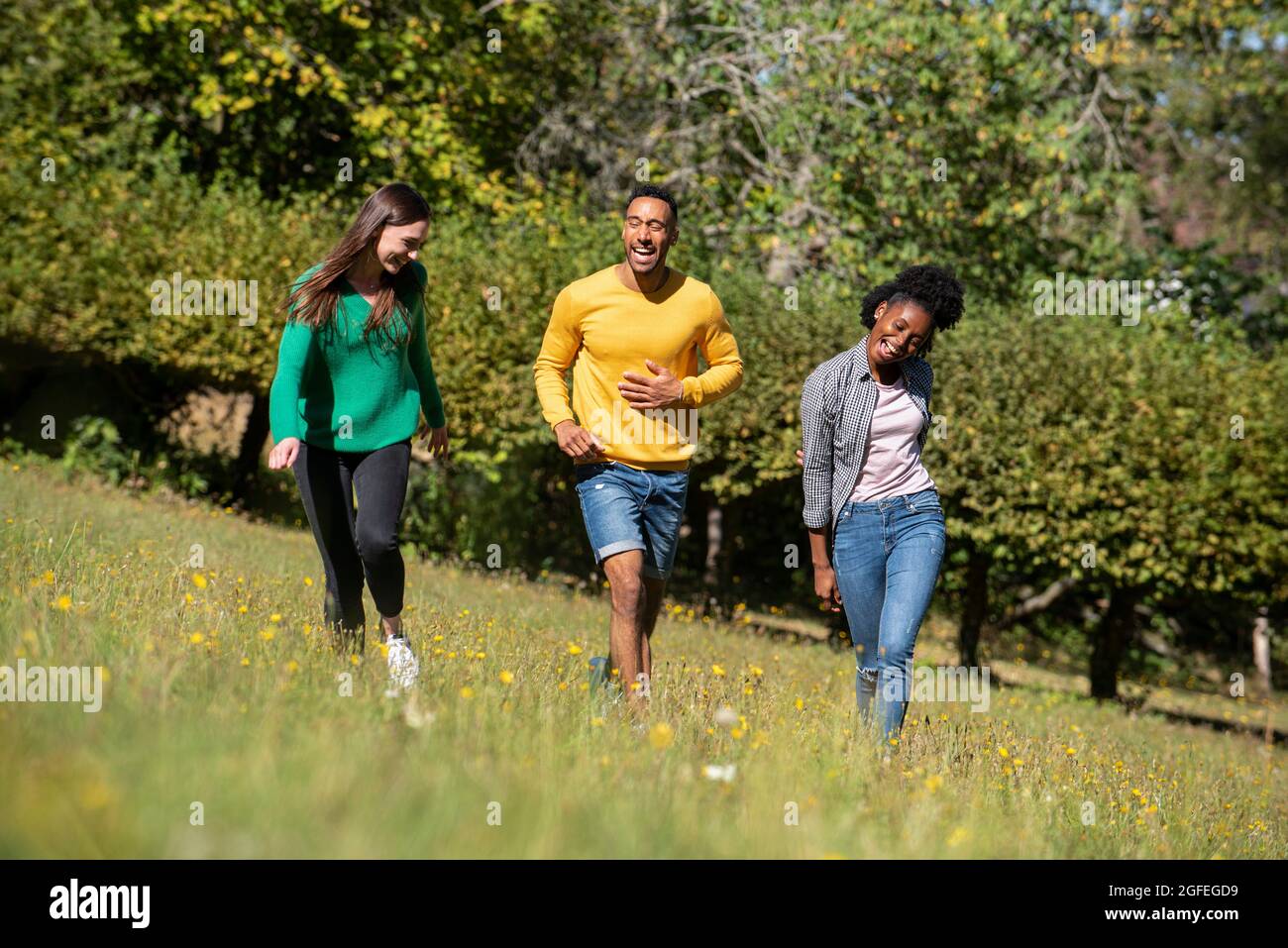 Smiling young friends having fun while walking in public park Stock ...