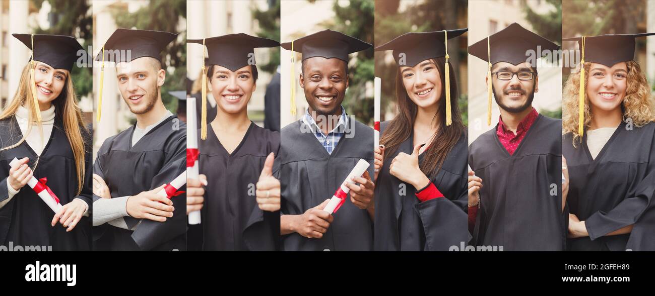 Diverse Graduates Students In Academic Dress Posing Outdoors, Portraits ...
