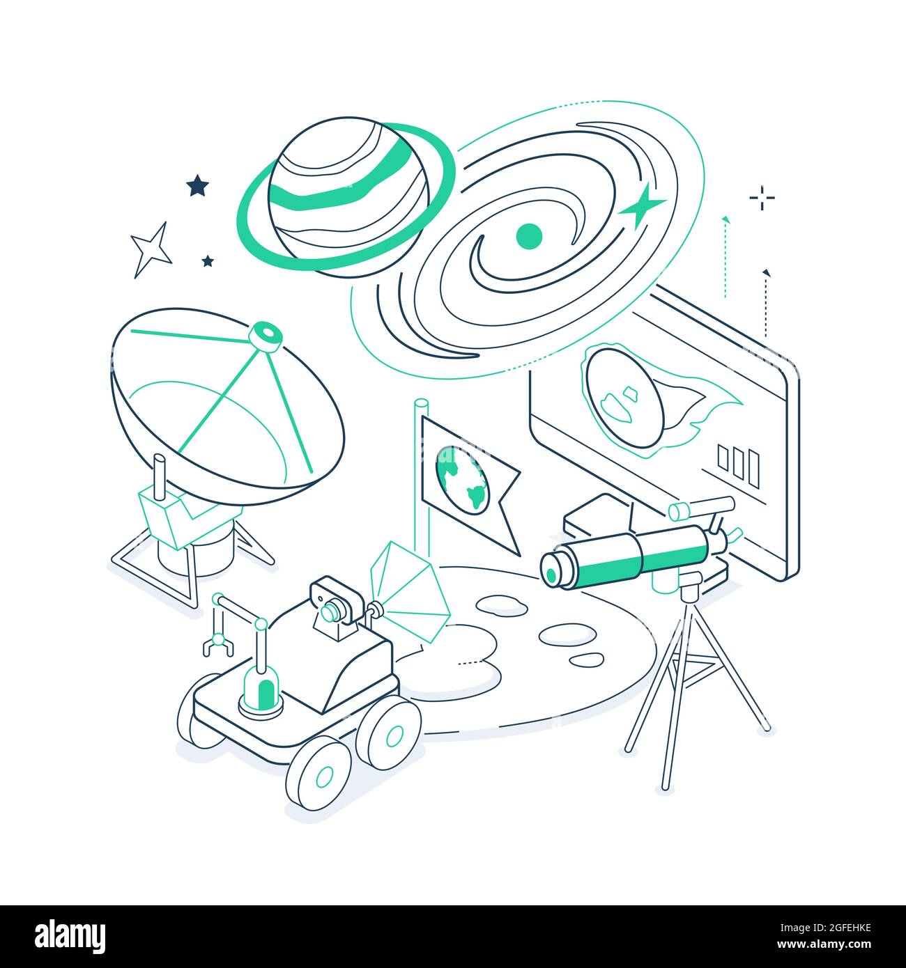 Uncharted planets- isometric black and green line illustration. Clean ...