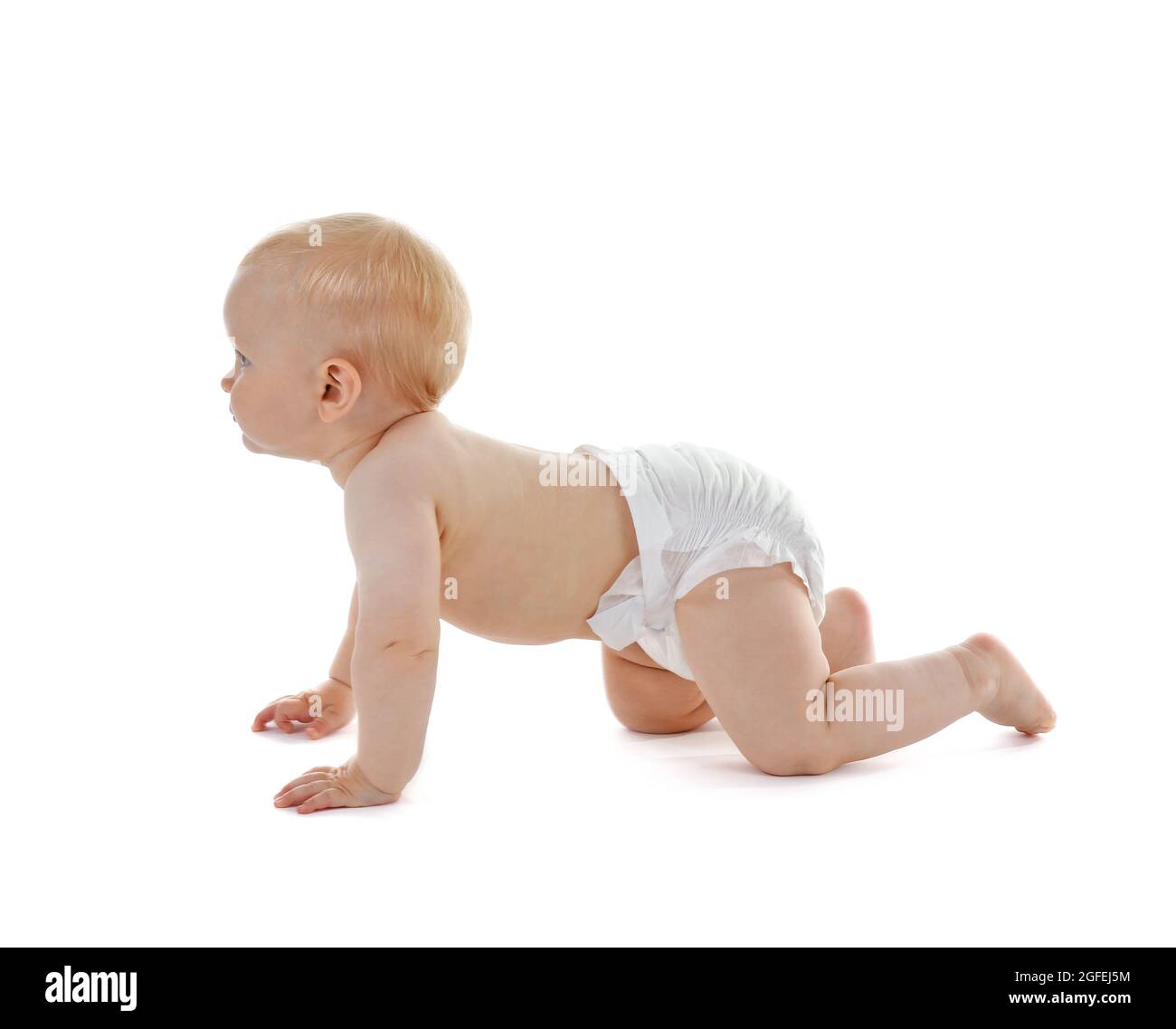 Baby crawling on white background Stock Photo - Alamy