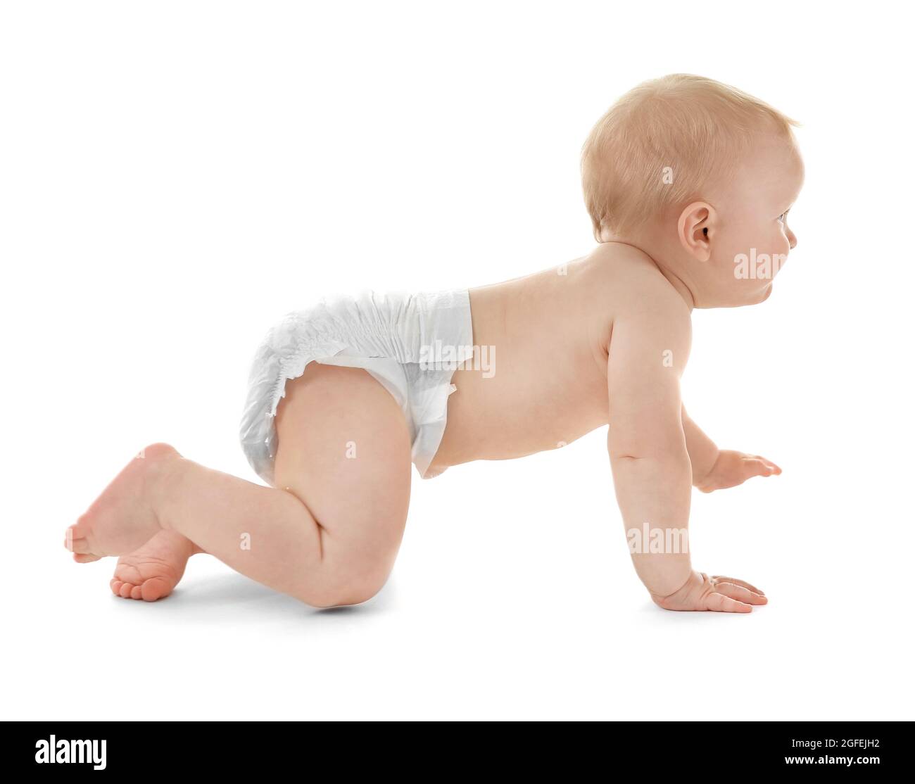 Baby crawling on white background Stock Photo - Alamy