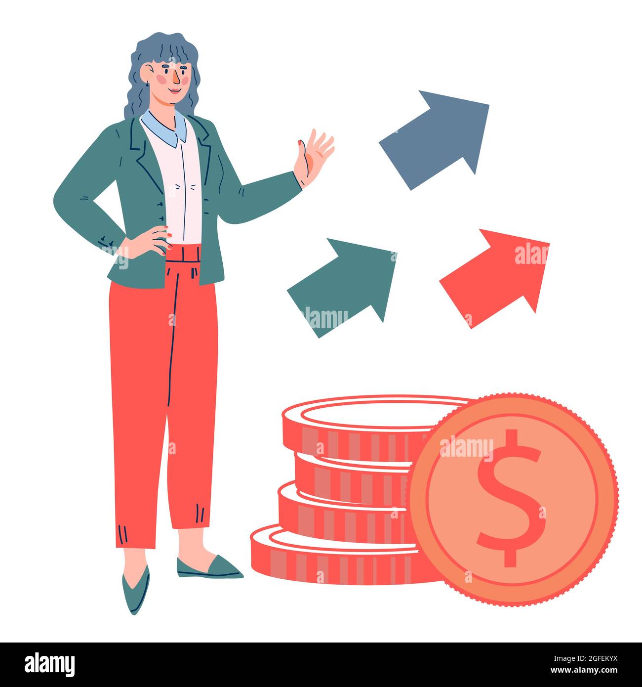 Confident smart business woman near stack of money, flat cartoon vector ...