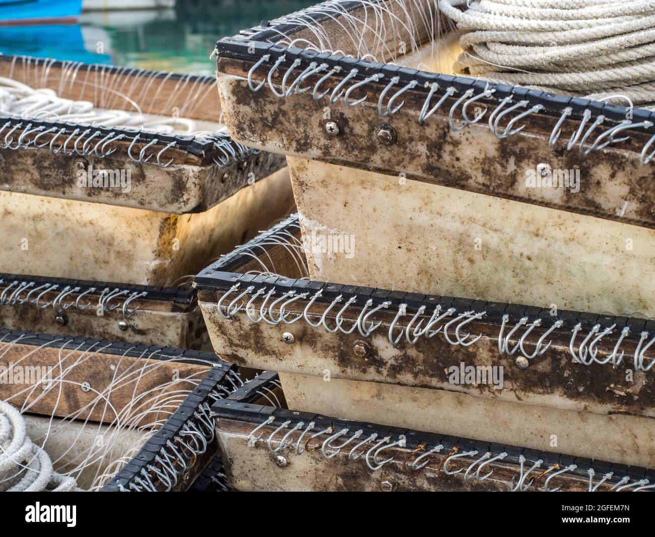 Fuji, Taiwan - October, 2016: Fishing nets with hooks for fishing ...