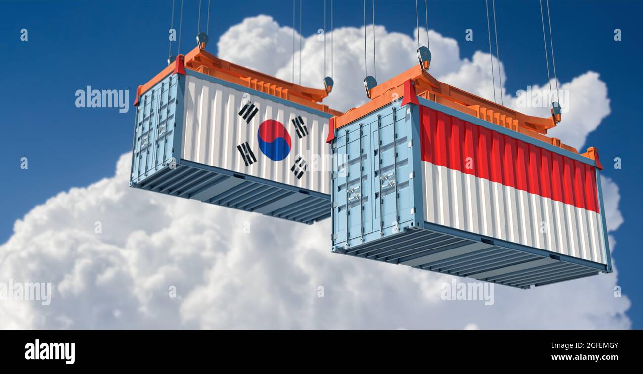 Freight containers with South Korea and Indonesia national flags. 3D ...